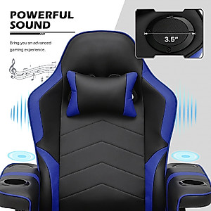MoNiBloom Massage Video Gaming Chair with 2 Speakers, Swivel Ergonomic Gaming Lounging Pedestal Recliner Chair with Neck Support, Built-in Cupholders and Storage Bag, Comfortable Theater Chair, Blue