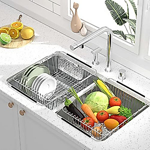 Dish Drying Rack in Sink-Adjustable 15.35" to 20.59",304 Stainless Steel Expandable Dish Drainer Rack Organizer with Utensil Cutlery Holder expandable in sink dish drying rack for Kitchen Counter