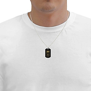 Lord's Prayer Crucifix Cross Necklace Onyx Dog Tag Pendant 24k Gold Inscribed, 20" 925 Sterling Silver