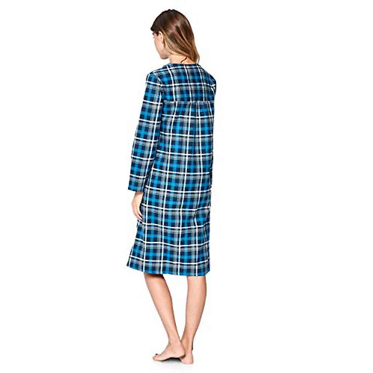 Casual Nights Women's Flannel Plaid Long Sleeve Sleepwear Nightgown - Navy - Large
