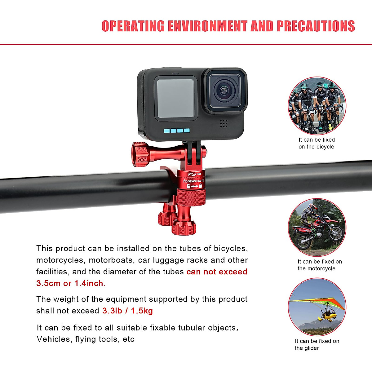 Forevercam Bike Handlebar Mount for Gopro Hero 13/12/11/10/9/8/Insta360/AKASO/DJI Osmo Aluminum Bike/Motorcycle Mount 360°Rotation and Lock Any Direction（Red）