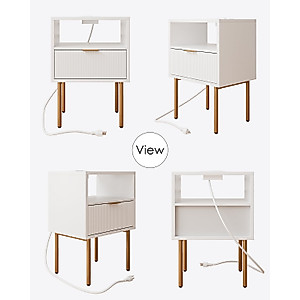 Aobafuir Nightstand with Charging Station, Drawer Dresser for Bedroom, Small Side Table with Drawer, Night Stand, End Table with Gold Frame for Bedroom, Living Room, Stripe White