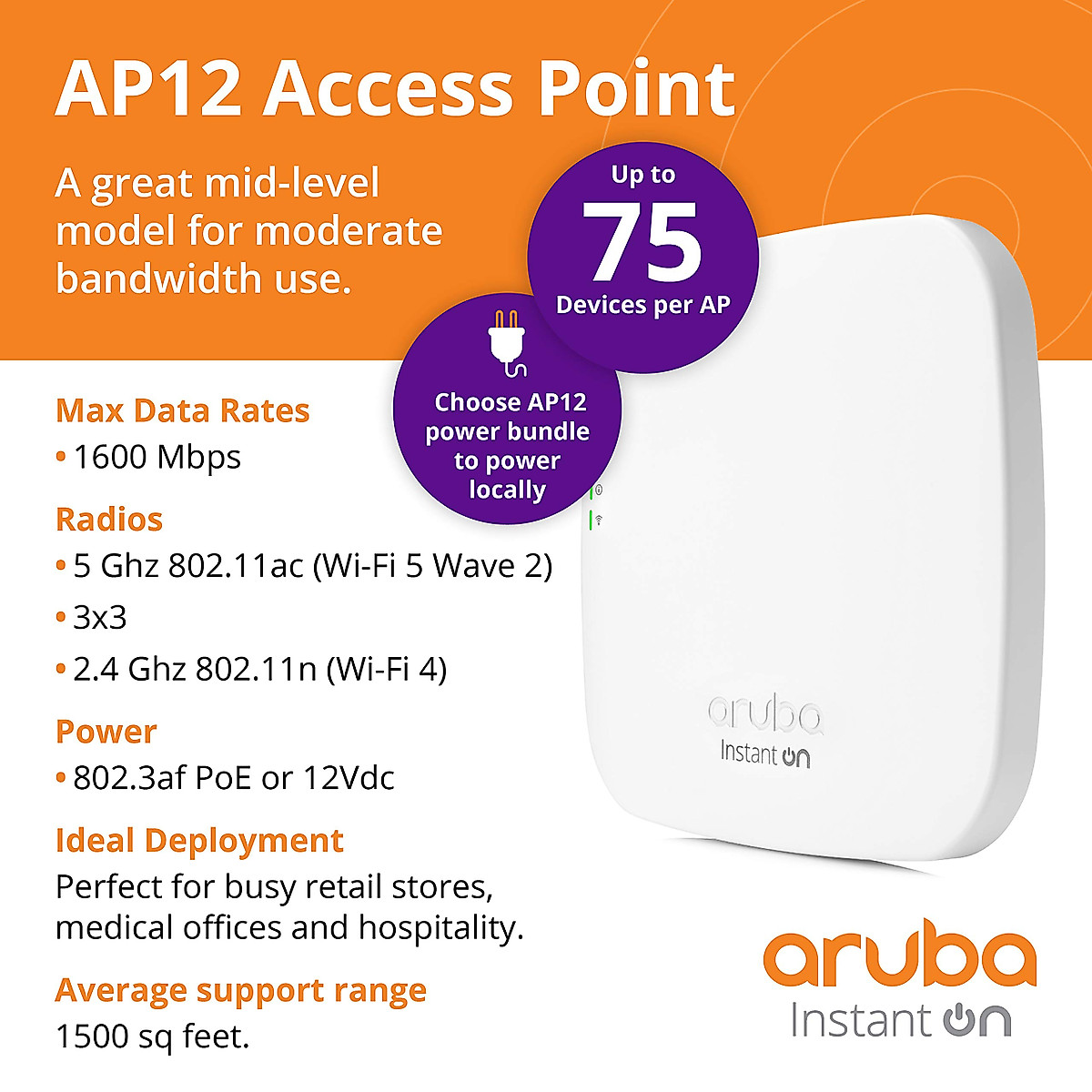 HPE Networking Instant On Access Point AP12 3x3 WiFi 5 Indoor Wireless Access Point | Power Source Not Included | US Model (R2X00A)