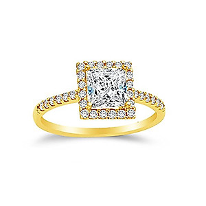 Size - 5 - Solid 14k Yellow Gold CZ Cubic Zirconia Princess Cut Halo Wedding Engagement Ring (1.5 ct.)