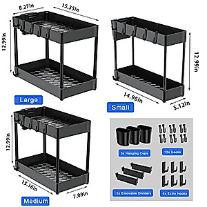Under Sink Organizer and Storage, 3 Pack 2 Tier Cabinet Basket Shelf Organizer Drawer, Multi-Purpose Under Kitchen Bathroom Organization Storage Rack with Hooks, Hanging Cup, Dividers, Black