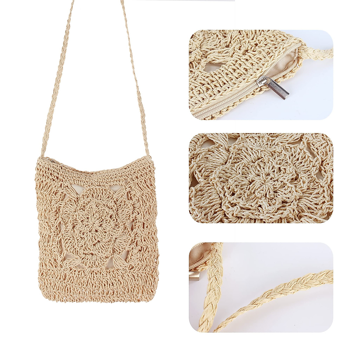 Meyaus Women Small Straw Woven Cross-body Shoulder Bag Bohemian Beach Handbag Purse