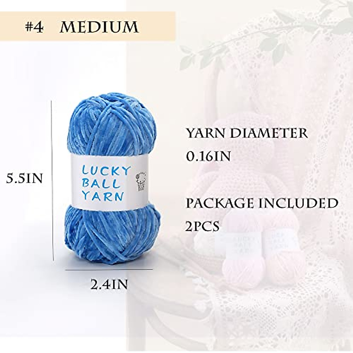 2PCS Soft Chenille Yarn Blanket Yarn,Velvet Yarn for Knitting,Fancy Yarn for Crochet,Crochet Yarn for Sweater/Hat/Blankets/DIY Craft(Blue)