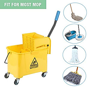 TryE Industrial Mop and Bucket with Wringer Set 5 Gallon 21Qt Plastic Combo Bucket with Wringer on Wheels for Home and Commercial Cleaning Yellow