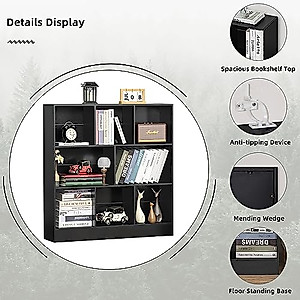 YAHARBO Black Wide Bookshelf,3 Tier Modern Horizontal Bookcase,Wood Low Bookshelves Display Storage Cabinet with Base,Floor Standing 8 Cube Large Bookcases Organizer for Bedroom,Living Room,Office