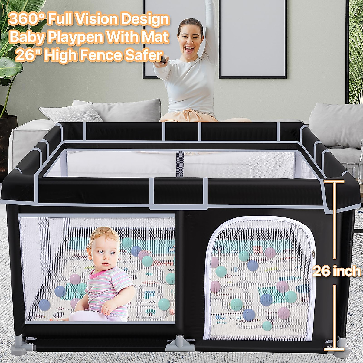 Baby Playpen with Mat, 50”×50” Playpen, Durable and Secure Baby Play Pen, Indoor & Outdoor Kids Activity Play Center, Equipped with Anti-Slip Suckers and a Zipper Gate, Anti-Fall（Black）