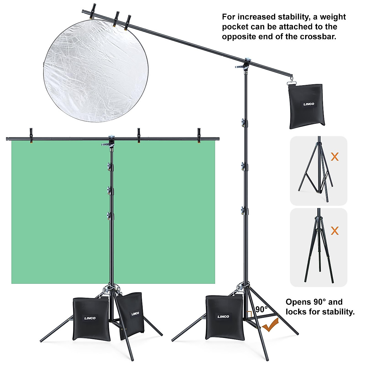 LINCO Lincostore T-Shape Portable Background Backdrop Support Stand Kit 6.7ft Wide 9.5ft Tall Adjustable Photo Backdrop Stand with 3 Clamps