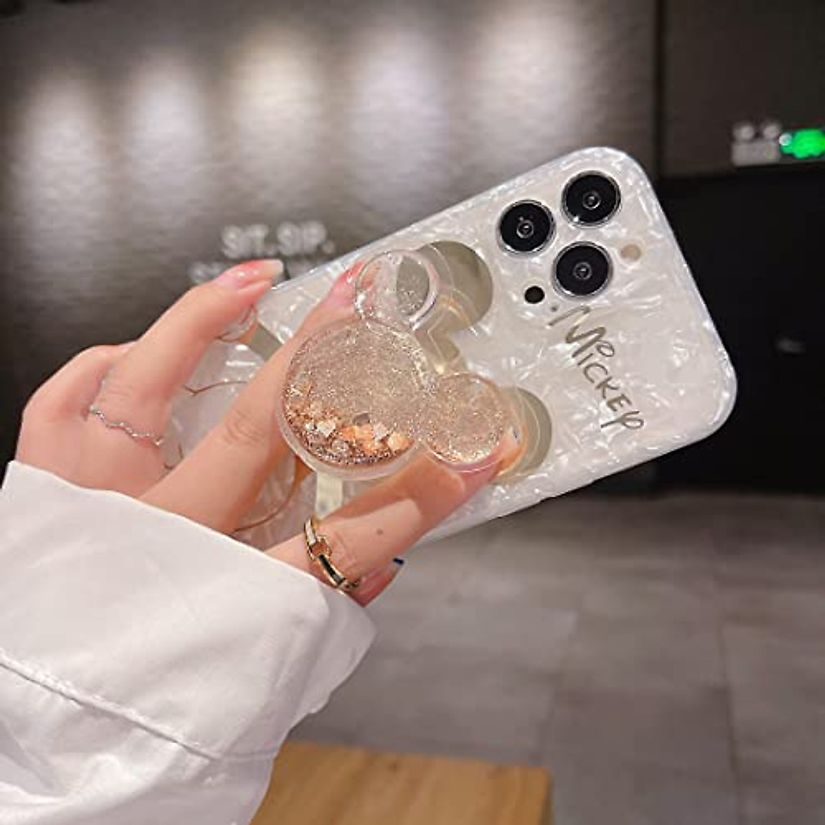 DEAVON Cute Case for iPhone 13 Pro Max,Cute Golden Mickey Sparkle Bling Cover with Quicksand Cell Phone Holder,Kickstand Soft TPU Shockproof Protective for Women Girls