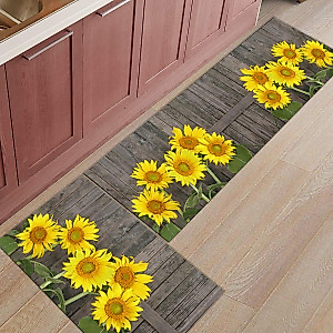 2 Piece Vintage Kitchen Rugs and Mats Set Farm Yellow Sunflowers Non-Slip Doormat Floor Mats Idyllic Blossoms Flower on Wood Board Indoor Water Absorbent Standing Runner Rugs for Home Decor