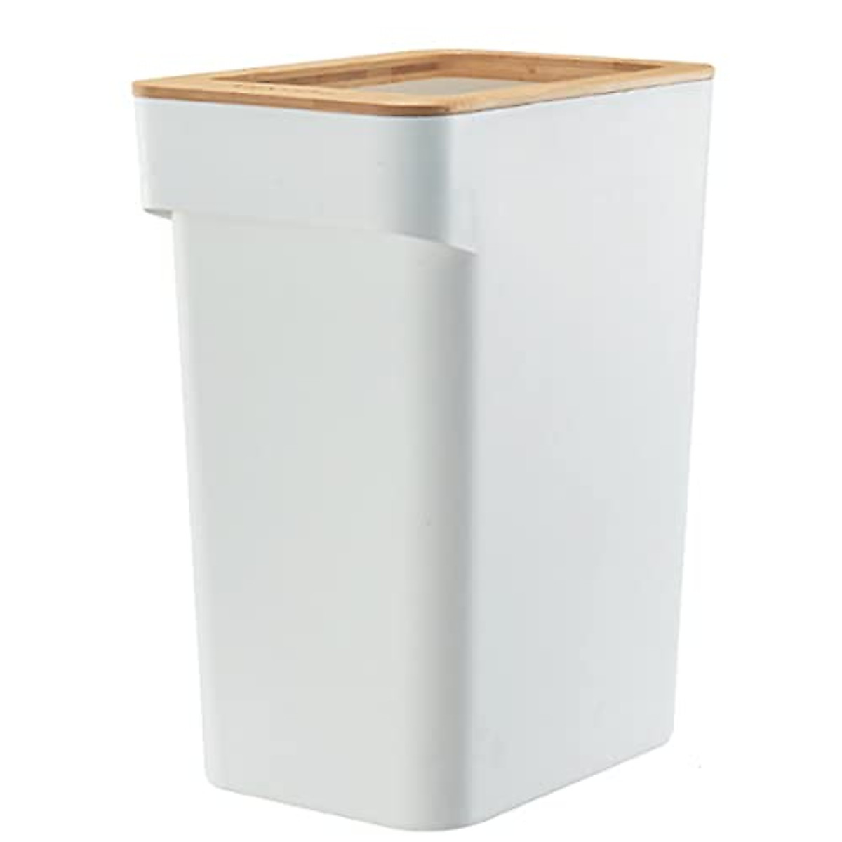 Doyingus Slim Wastebasket 2.6 Gal, Small Trash Can with Bamboo Lid Rectangular Plastic Garbage Can for Bathroom, Bedroom, Kitchen, Office, Living Room (White)