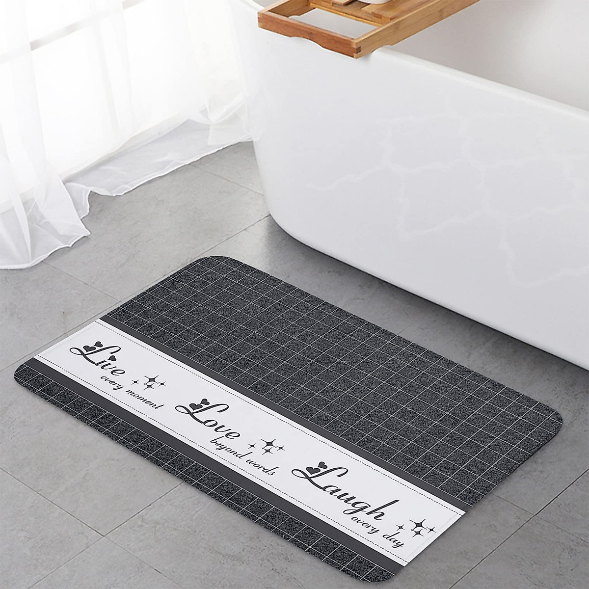 Kitchen Mat Rug Set of 2 Live Love Laugh Retro Gray Plaid Runner Rug Anti-Fatigue Comfort Memory Foam Standing Mat Non-Slip Floor Door Mat for Bathroom 18x30in+18x48in