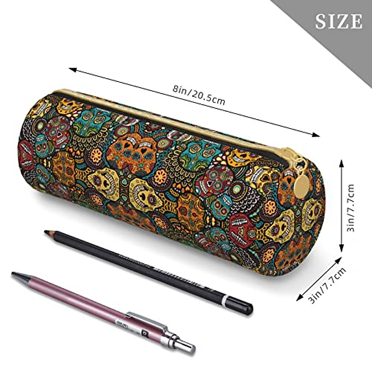 DCARSETCV Colorful Sugar Skulls Pencil Case Cute Pen Case Cylinder Leather Pencil Pouch Office Pencil Box Bag Gifts For Adults Teen School Girls Boys