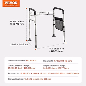 VEVOR Toilet Safety Rail, Folding Toilet Seat Frame, Adjustable Detachable Fit Most Toilets, Heavy 300lbs Capacity Duty Medical Bathroom Toilet Handrails Stand Alone for Handicap, Elderly, Disabled