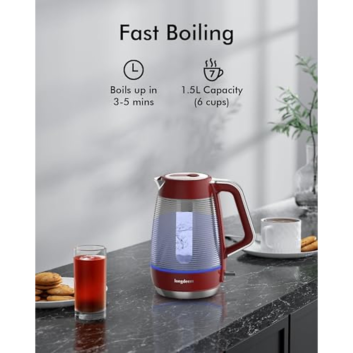LONGDEEM Electric Tea Kettle Pot, Fast Boil, 1.7L/1500W, Borosilicate Glass Stainless Steel Inner Lid & Filter, Hot Water Boiler & Heater with Auto Shut Off, BPA-Free, Easy to Clean, Red