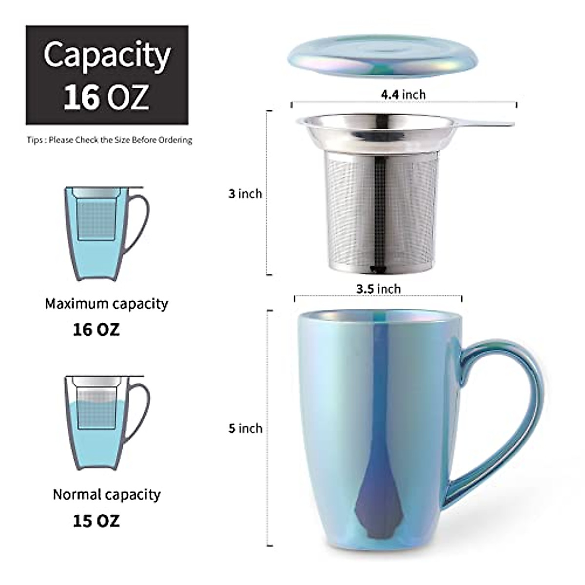 Jemirry Tea Cup with Infuser and Lid, Ceramic Cup with Lid, Tea Cup Tea Mug for Tea Lover, Porcelain Tea Strainer Cup, Tea Infuser Cup with Infuser Basket and Lid - Blue