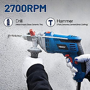Hammer Drill HERZO Corded Impact Drill 7 Amp 1/2 Inch 2700 RPM,360° Rotatable Handle for Wood,Plastic,Steel