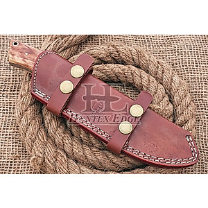 HUNTEX Handmade Hand-Forged Rain Drop Pattern Damascus Steel 9.5 Inch Long Full Tang Olive Wood Handle Razor Sharp Hunting Camping Gut Hook Knife w/Genuine Leather Pouch