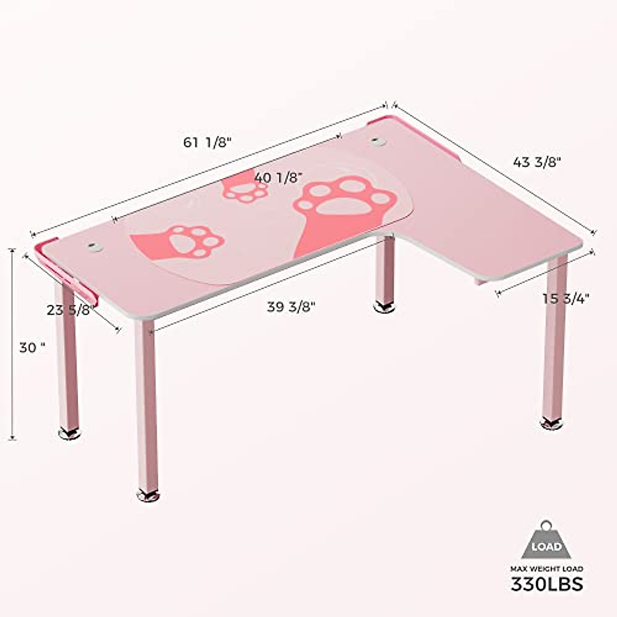 DESIGNA Pink Gaming Desk, 60 inch Pink L Shaped Gaming Desk, with Full Covered Cute Pink Desk mat for Girl Gaming Desk Pink, Easy to Assemble, Right Side