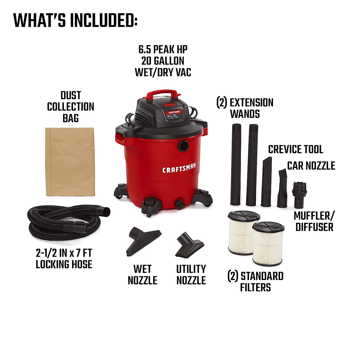 Craftsman CMXEVBE17596 20 Gallon 6.5 Peak HP Wet/Dry Vac, Heavy-Duty Shop Vacuum with Attachments and Additional General Purpose Filter