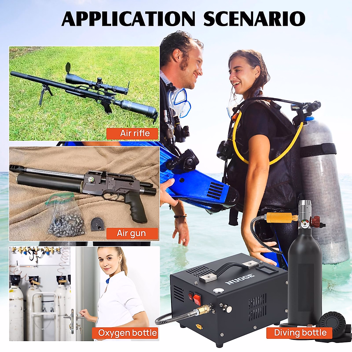 NUOGE Pcp Air Compressor 4500Psi 30Mpa Powered by Car 12V Dc or Home 110V Ac W/Converter Paintball/Scuba Tank Compressor Pump