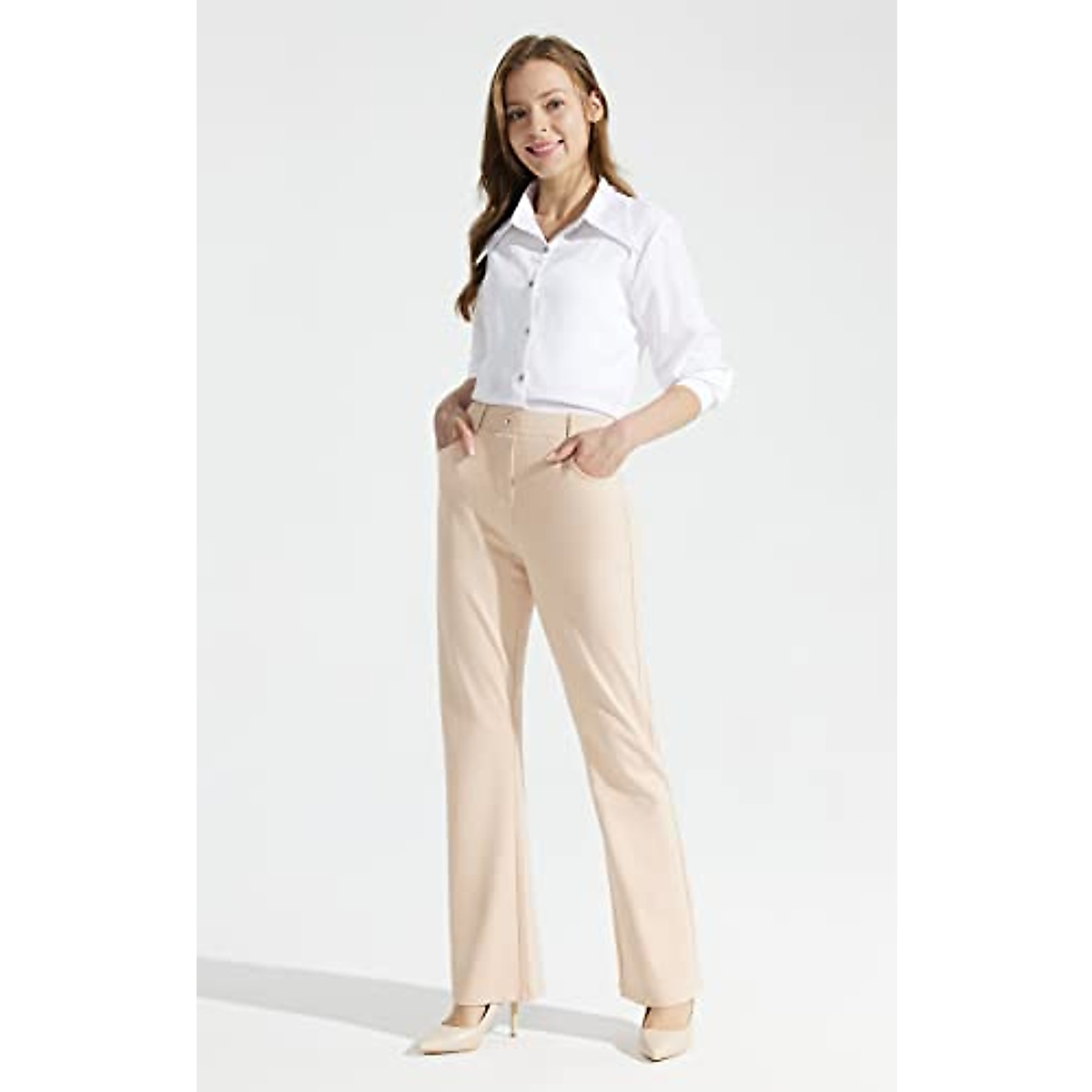 Libin Women's Bootcut Dress Pants 31" Business Casual Work Pants High Waisted Stretchy Slacks for Women Yoga Office Trousers with 4 Pockets, Khaki, 4