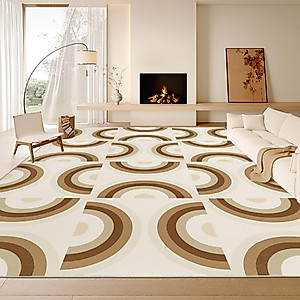 HOMBYS 9x12ft Modern Large Area Rug for Living Room Bedroom, Super-Thin Boho Floor Carpet for Indoor Office Dining Room, Rainbow Home Deco Non-Shedding, Khaki, Machine Washable