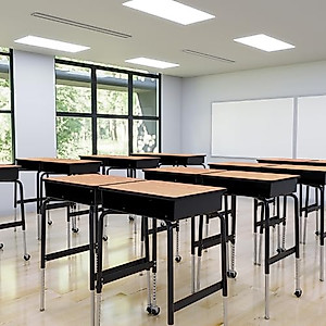 ECR4Kids Mobile Open Front Desk with Metal Storage Book Box, Adjustable Height Desk, Oak