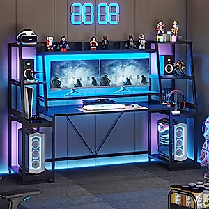 SEDETA Gaming Desk 78.8'' with LED Lights, Hutch and Storage Shelves, Computer Desk with Monitor Stand, Large PC Gamer Desk Workstation, Ergonomic Gaming Table for Bedroom, Living Room, Black