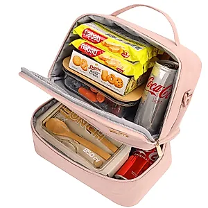 NISHEL Lunch Bag for Women, Insulated Two Separate Compartments Lunch Box with Adjustable Shoulder Strap, Leakproof Lunch Cooler Bag for Work, Pink
