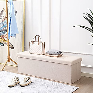 CUYOCA 45.3 Inches Storage Ottoman Bench Foldable Seat Footrest Shoe Bench End of Bed Storage, 166L Storage Upholstered Tufted Bench, Linen Fabric Cream