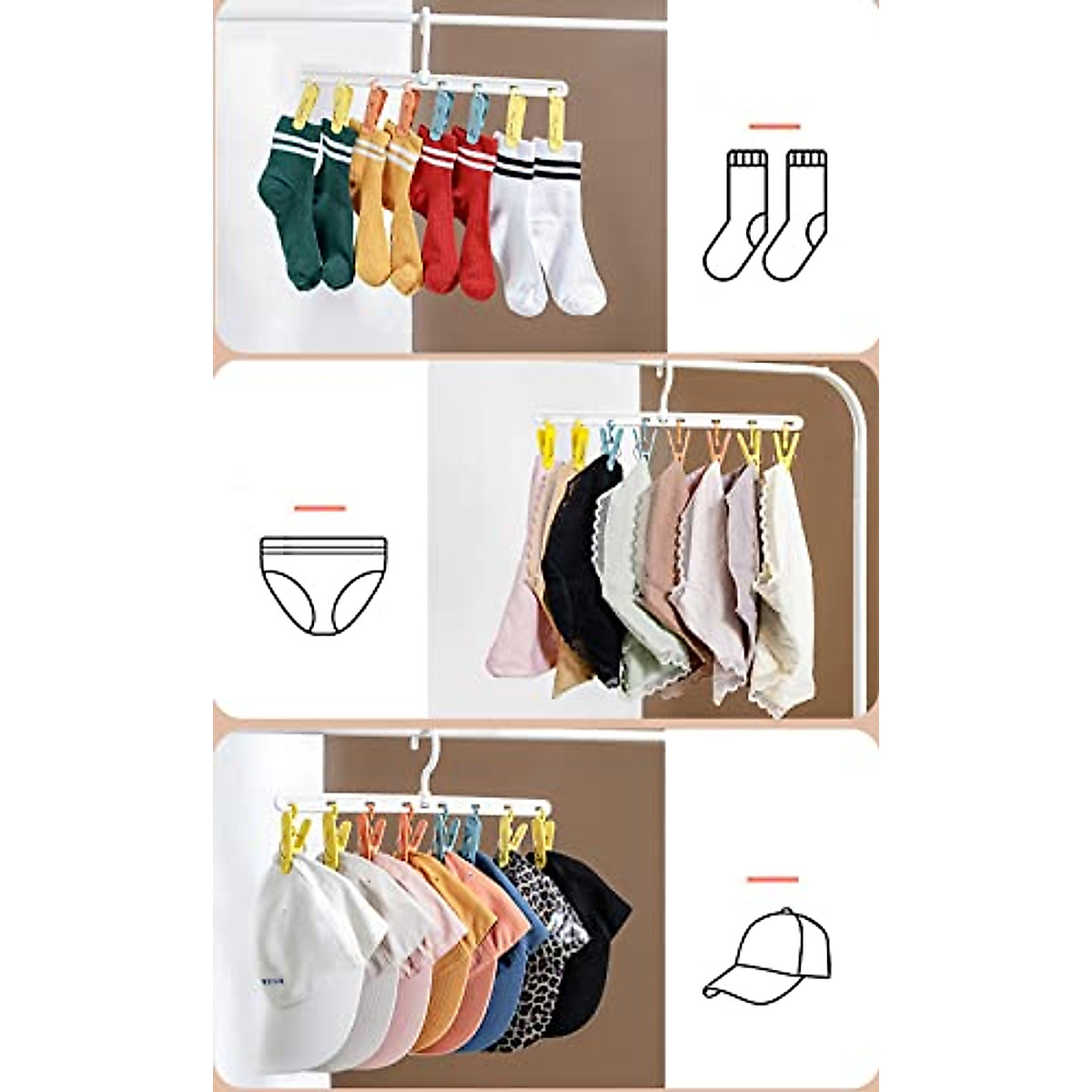 Durable Hanging Closet Organizer for Underwear Double Sided with Mesh Pockets& Hat Storage 8 Hat Storage Clips for Hat Rack for Baseball Caps Hat Organizer Holder (Gray&White, Bra&Hat Storage)