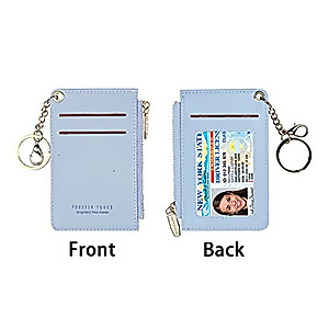 Small Wallets for Women Slim Leather Card Case Holder Wallet Coin Change Purse with Keychain (Blue)