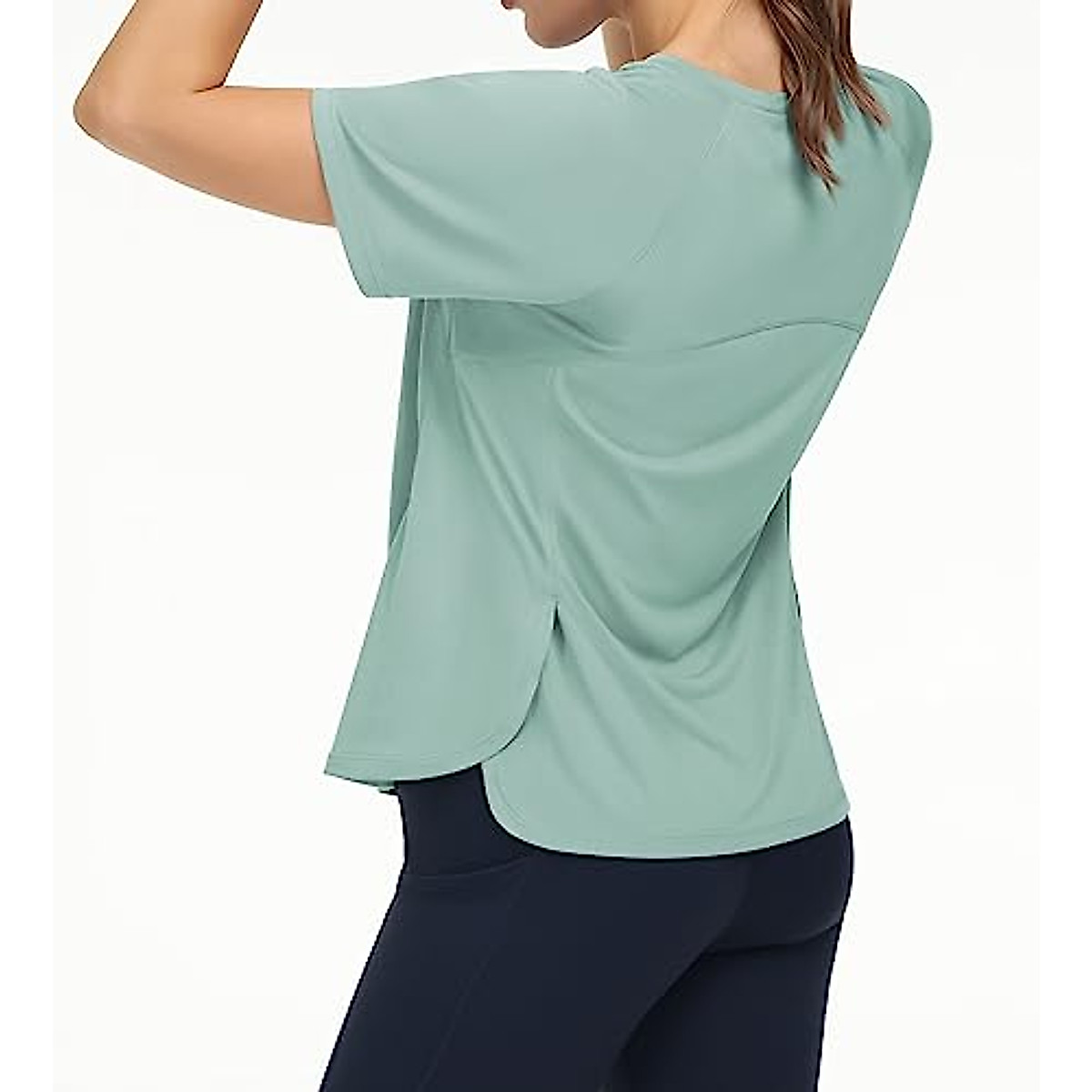 THE GYM PEOPLE Women's Short Sleeve Workout Shirts Breathable Yoga T-Shirts with Side Slits Athletic Tee Tops Light Green