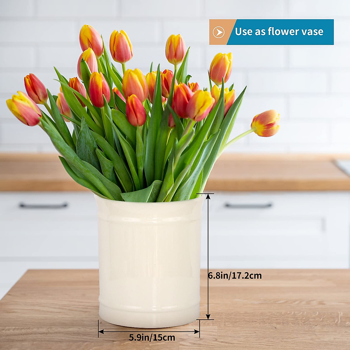 Sanbege Ceramic Utensil Crock with Ice Crack Pattern, 6.8" Large Kitchenware Caddy, Utility Utensil Holder for Cooking Tools, Makeup Brushes, Flowers, Wine Bucket (Cream White)