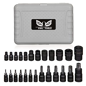 Torx Bit Socket Set (25 Piece Set - Torx and External Socket Set) 1/4", 3/8", and 1/2" Drive - 13 Star Socket Bits & 12 Female E Torx Sockets - Professional Grade Auto & Motorcycle Mechanic Socket Set
