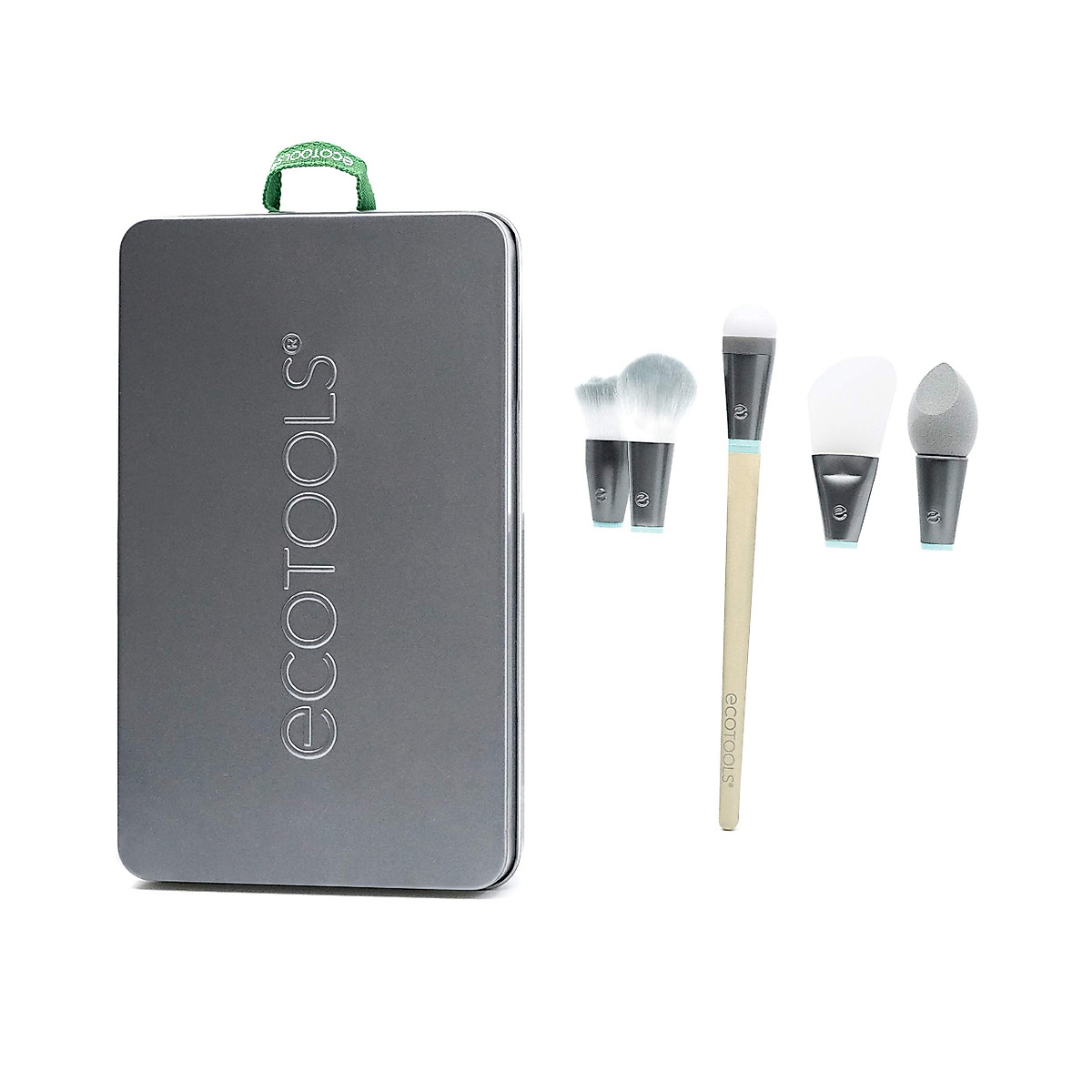 EcoTools Wake Up + Glow Interchangeables Makeup Brush Set with Case, With Beauty Blender Makeup Sponge, Silicone Applicator Face Mask Brush, Eye Roller Depuffer (Set of 6)