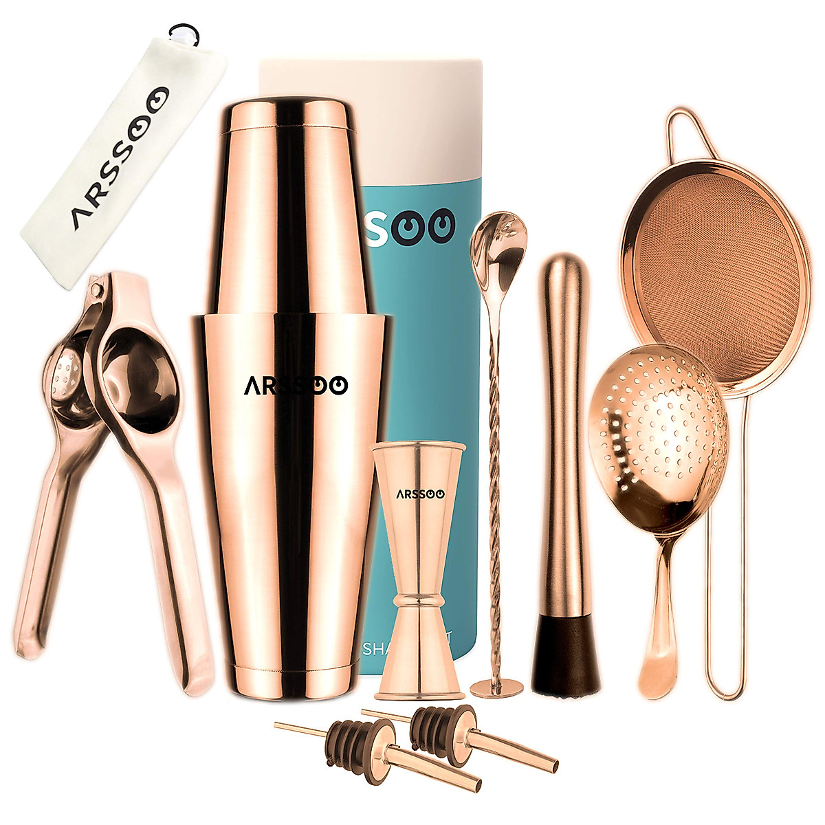 Bartender Kit 11-Piece Stainless Steel Cocktail Shaker Set | Perfect Home Professional Bar Tools, 27/20 OZ Weighted Boston Shakers, Lemon Squeezer, Strainer (Julep, Mesh) | ARSSOO Bar Set (Rose Gold)