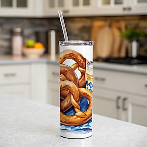 Oktoberfest German Pretzels Watercolor Skinny Tumbler 20oz with Straw Insulated Water Bottle Gift