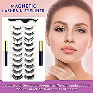 EARLLER Magnetic Eyelashes with Eyeliner Kit,10 Pairs Natural Look False Lashes with Applicator - Easy to Apply and No Glue Needed, 3D & 5D Reusable Short and Long Eyelashes Set