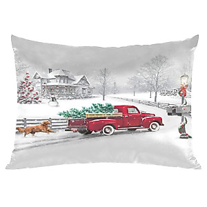Satin Pillowcase for Hair and Skin King Size, Red Truck Dog Snowflake Christmas Silk Pillowcase Satin Pillow Cases with Envelope Closure Soft Cooling Pillow Covers Gift for Women Men, 20x40in