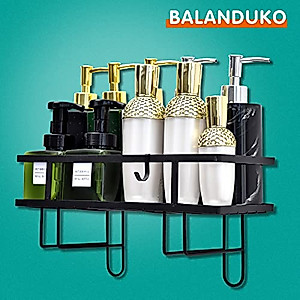BALANDUKO Bathroom Organizer Over The Toilet Storage Shelf, Iron Restroom Organizers with Hanging Hook & Adhesive Base, No Drilling Space Saver with Wall Mounting Design (Black)