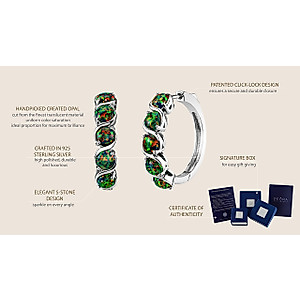 Peora Created Black Fire Opal Hoop Earrings in Sterling Silver, 2.50 Carats total Round Shape, Hypoallergenic, 1 inch Diameter, Patented Click Lock