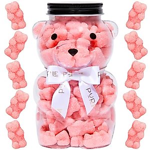 Pink Gummy Candy in Bear Jar - Delicious Candies for Boy and Girl Baby Showers and Gender Reveal Parties - Blue and Pink Party Favors in Decorative Bear Container with Bow (Pink Sanded Gummy Bears)…