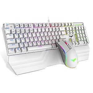 Havit Mechanical Keyboard and Mouse Combo RGB Gaming 104 Keys Blue Switches Wired USB Keyboards with Detachable Wrist Rest, Programmable Gaming Mouse for PC Gamer Computer Desktop (White) (Renewed)
