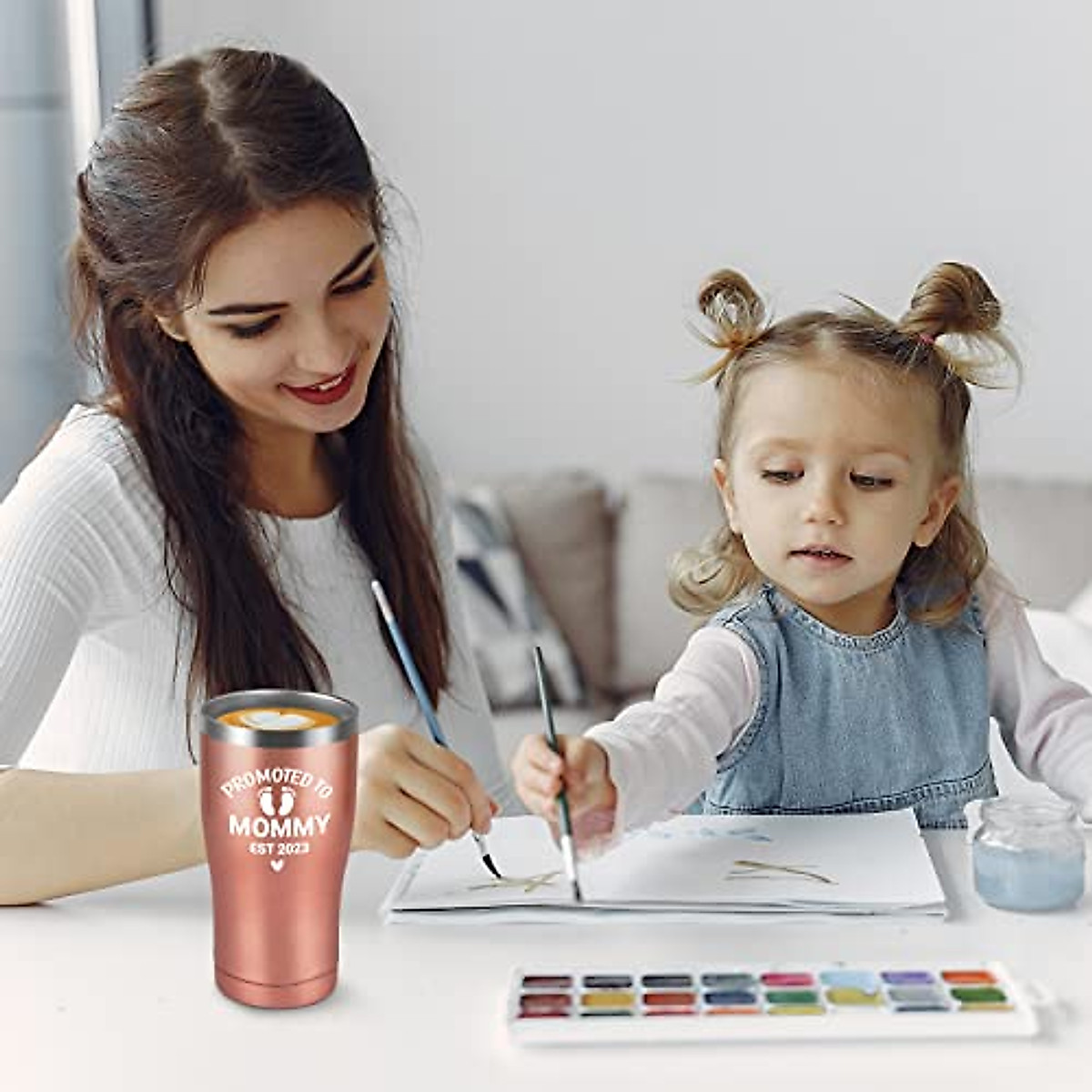 Qtencas Promoted to Mom Est 2023 Travel Tumbler, New Mom Gifts for Women, Great Mothers Day Gifts for Mom, First Time Mom Gifts Mom to be Mother to be Gifts, 20 Oz Stainless Steel Tumbler, Rose Gold
