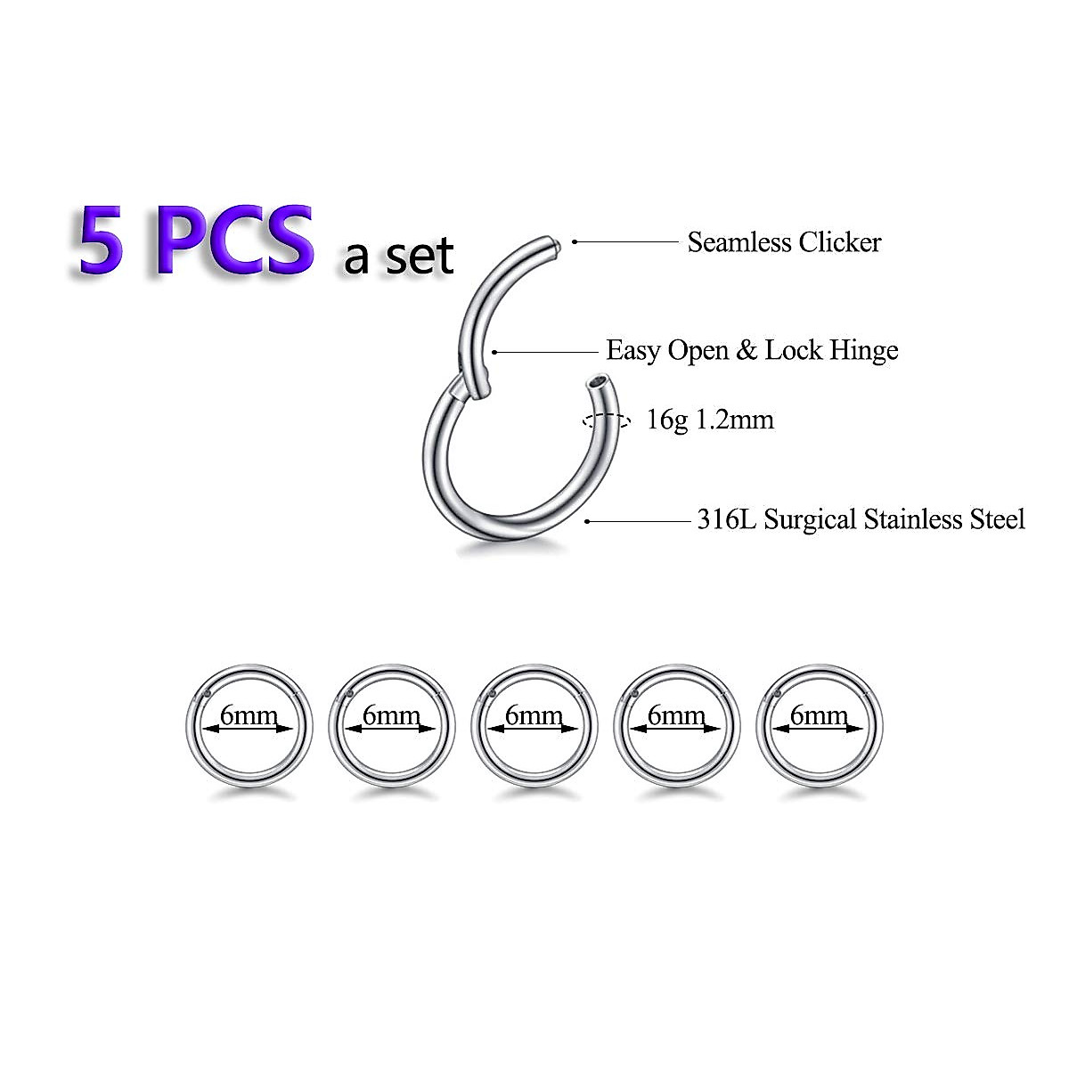 5Pcs 16G 18G Surgical Steel Nose Rings Hoop Tragus Septum Cartilage Hoop Earrings For Women Men Body Piercing Jewelry Kit Bar Length 6mm/8mm/10mm/12mm/14mm (5Pcs -16G - Steel - 6mm)